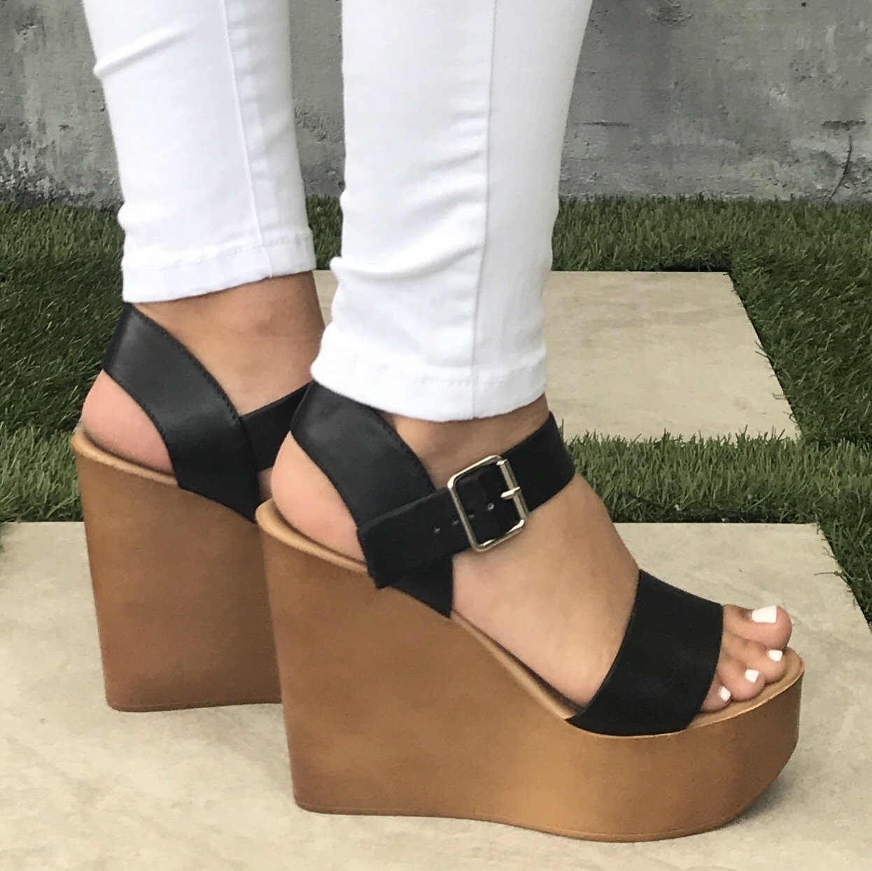 Audrey Platform Ankle Strap Wedges in Black - Dainty Hooligan