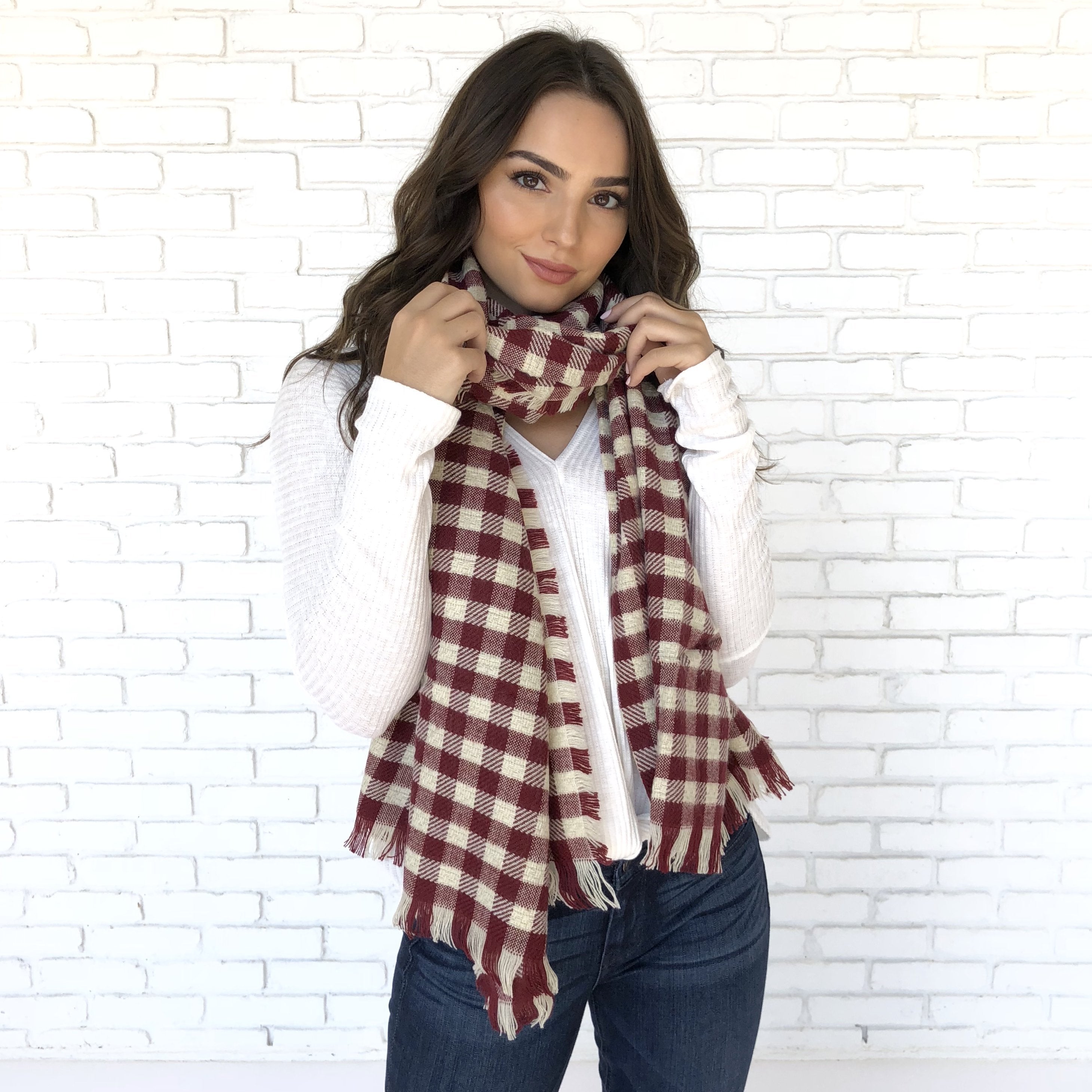 Sunrise Crimson & Cream Plaid Scarf - Dainty Hooligan