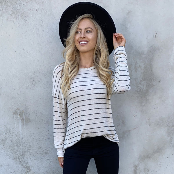 Elsa Fleece Stripe Back Sweater Top In Cream - Dainty Hooligan